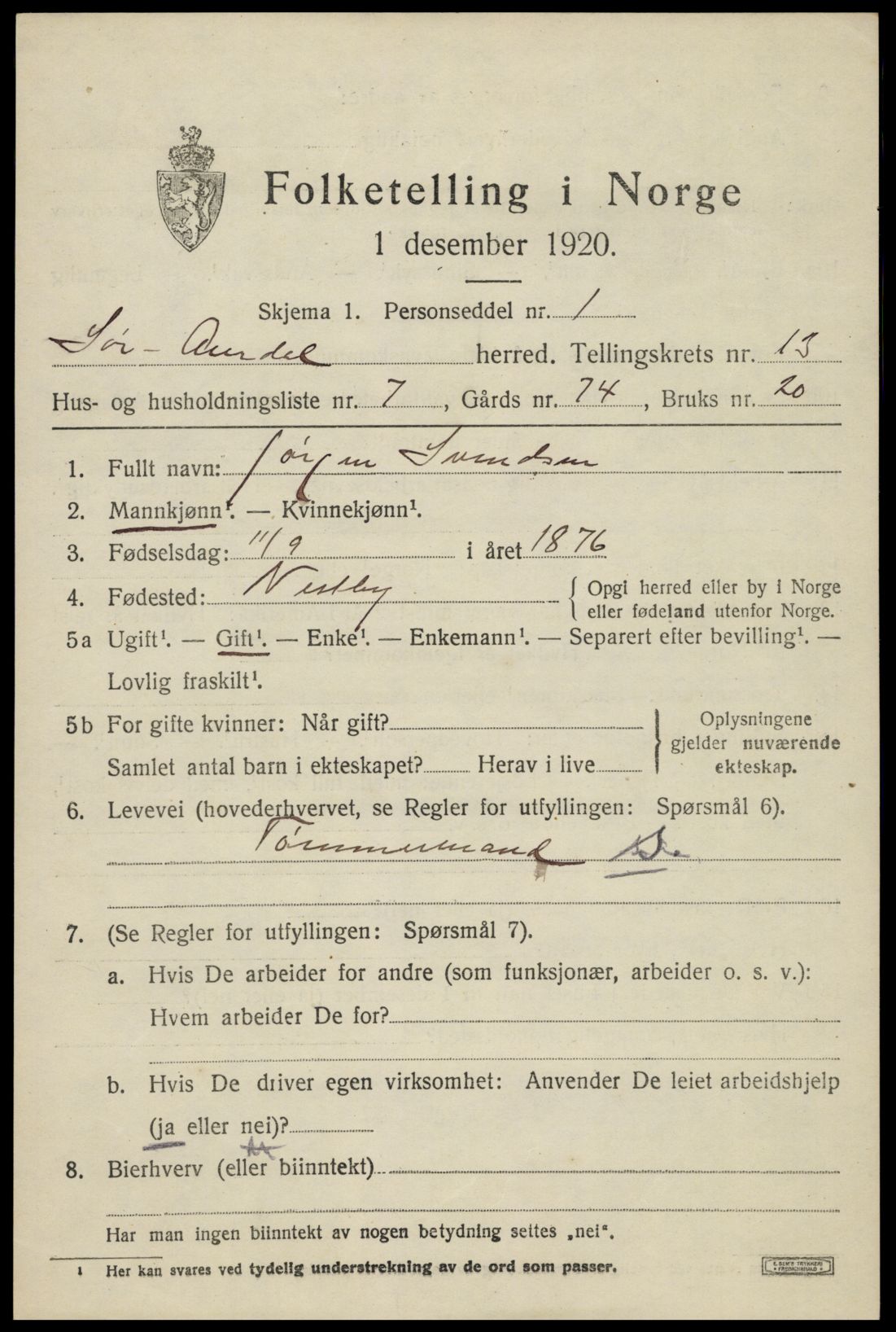 Censuses: SAH, 1920 census for Sør-Aurdal, 1920, p. 7747 - Scanned ...